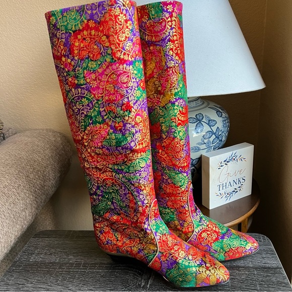 Escada | Shoes | 98s Escada Red Purple And Green Gold Lam Brocade Boots ...